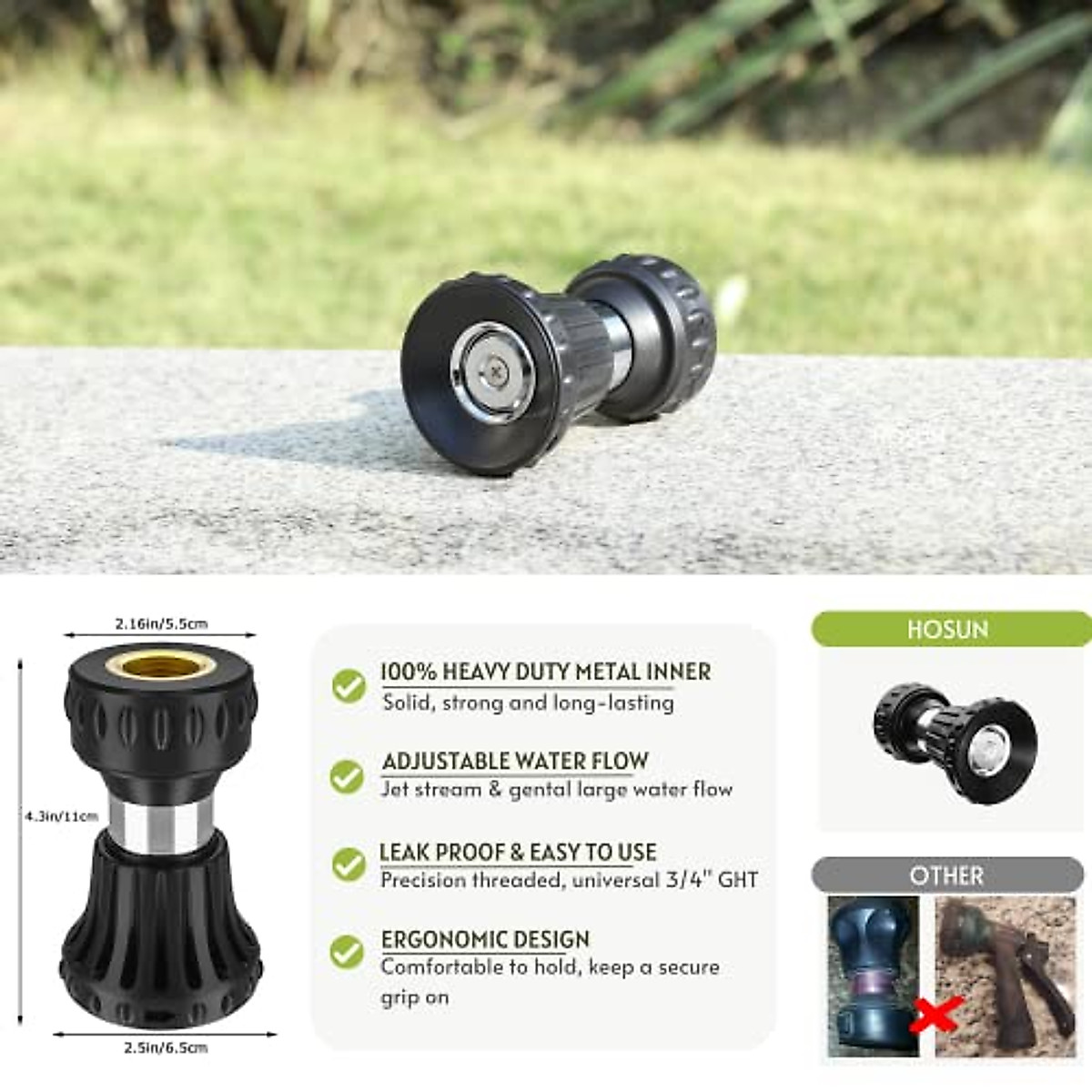 HOSUN Fire Hose Nozzle for Garden Hose, Heavy Duty Fireman Style Garden Hose Nozzles, Leak Proof & Adjustable Water Nozzle High Pressure, Best for Watering Plant & Lawn, Washing Car & Pet (Black)