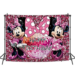 Cartoon Mouse Backdrop Pink Girls Birthday Lights Ball Bowknot Glitter Sequin Dot Photo Background Kid Girls Birthday Party Supplies 7x5ft Newborn Baby Shower Decoration Photo Booth Studio Prop