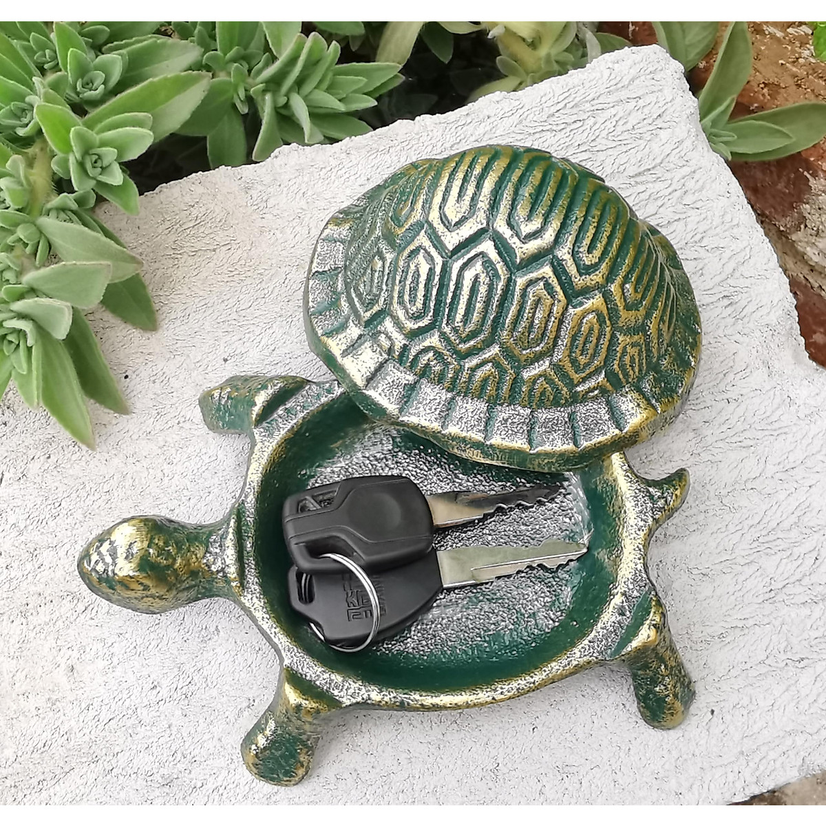 BSTWISH Cast Iron Turtle Key Hider - Spare Key Holder - Garden Decoration Turtle, Jewelry Trinkets Box for Key, Ear Studs, Ring, Paper Clip (Antique Green)