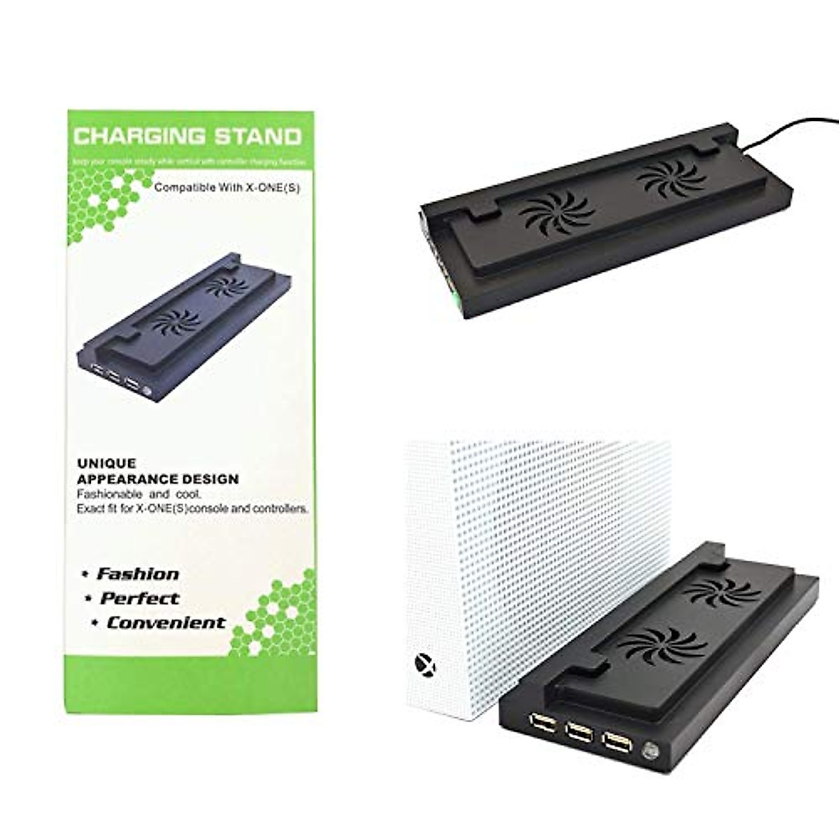 Xbox One S Vertical Stand with Cooling Fan, ELM Game Console Stand for Xbox One S with 3 USB Ports