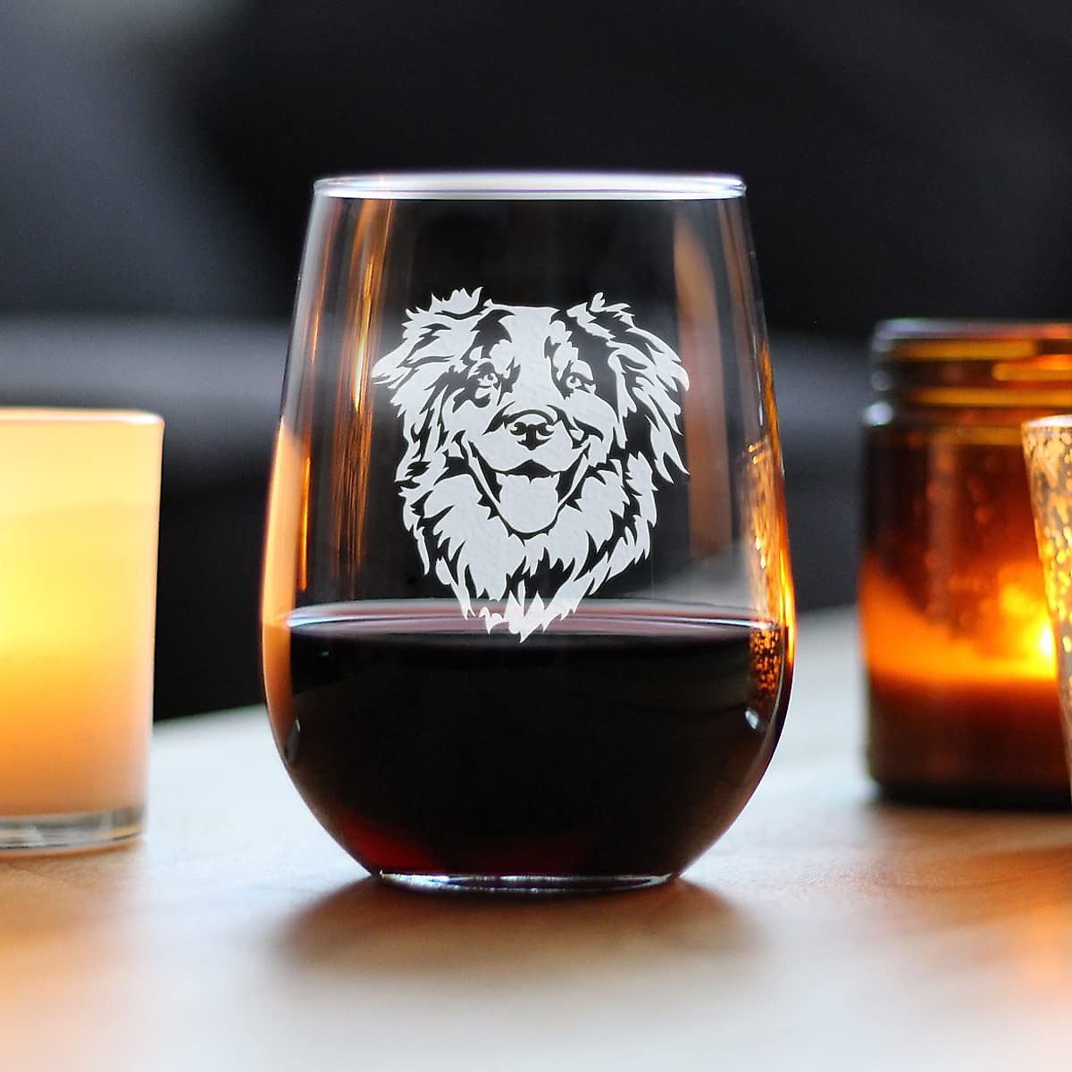Australian Shepherd Face - Stemless Wine Glass - Unique Dog Themed Decor and Gifts for Lovers of Aussies - Large 17 Ounce