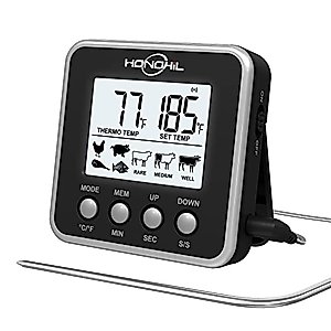 Honohil Digital Meat Thermometer for Cooking and Grilling, Kitchen Food Candy Oven BBQ Grill Thermometer for Smoker Baking Liquid with Stainless Steel Probe Instant Read Magnetic Battery Timer Black