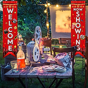 Movie Night Porch Sign Banner Movie Theme Party Decorations Movie Theater Welcome Now Showing Lights Camera Action Hanging Porch Sign for Home Film Backdrop Party Supplies (Classic Style, 2 Pieces)