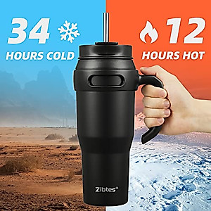 Zibtes 40oz Insulated Tumbler With Lid and Straws, Stainless Steel Double Vacuum Coffee Tumbler With Handle, Keeps Drinks Cold up to 34 Hours or Hot for 12 Hours(Black 1 pack)