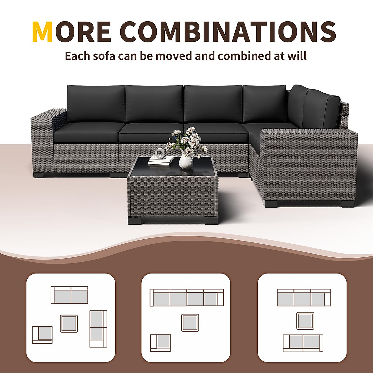 Poteban Outdoor Patio Furniture Set, 8'' Wide armrest Outdoor Sectional Rattan Sofa Set, Wicker Patio Furniture Sets w/Coffee Table,Thick Cushions and Cover for Porch, Balcony,Deck 6 PCS(Grey&Black)