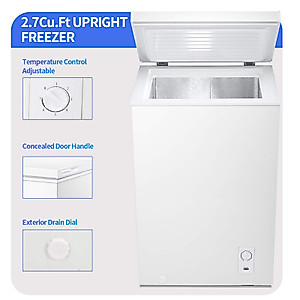 Kismile 2.7 Cubic Feet Chest Freezer with Removable Basket Free Standing Top Open Door Compact Freezer with Adjustable Temperature for Home/Kitchen/Office/Bar (2.7 Cubic Feet, White)