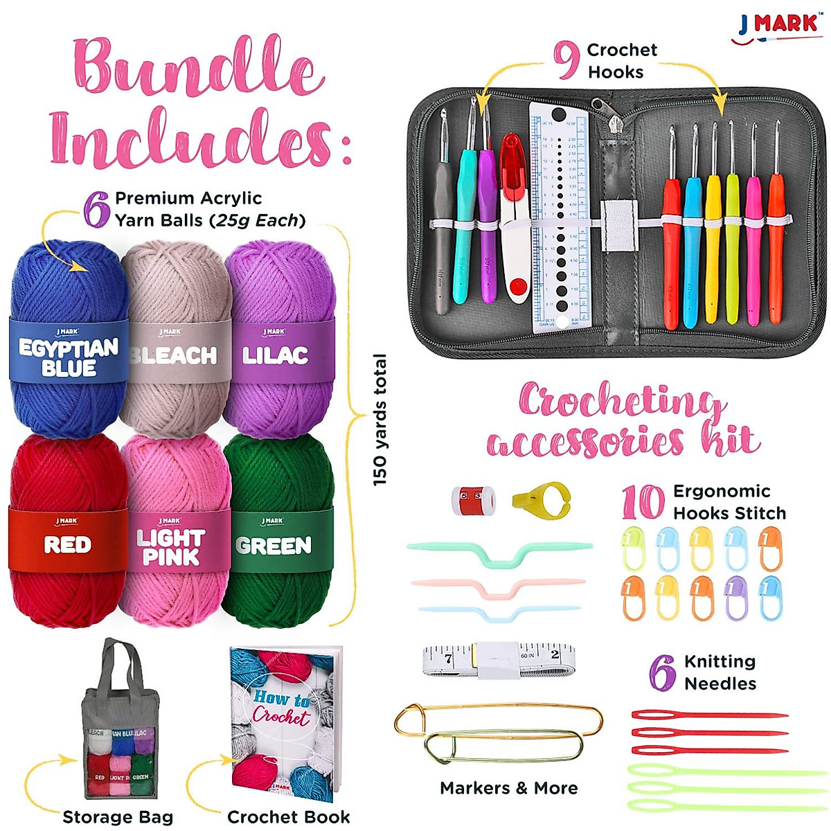 J MARK Crochet Kit for Beginners – Complete Crocheting Set with Acrylic Yarn and Accessories