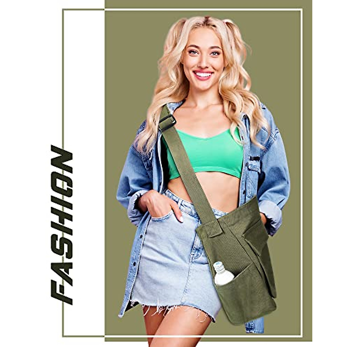 Sweetude Canvas Messenger Bag Crossbody Tote Bag with Multiple Pockets Laptop Large Shoulder Bags Aesthetic Casual Vintage Versatile School Cross Body Bag for Women Men, Green