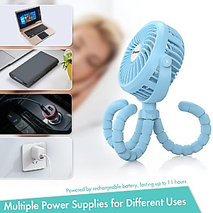AMACOOL Battery Operated Stroller Fan Flexible Tripod Clip On Fan with 3 Speeds and Rotatable Handheld Personal Fan for Car Seat Crib Bike Treadmill (Blue)