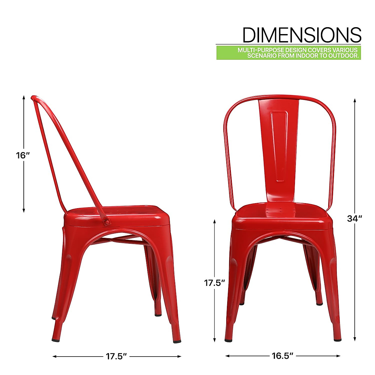 Magshion Metal Dining Chair Stackable Indoor Outdoor Industrial Vintage Chairs 4 Pack Bistro Dining Room Cafe Side Chairs with Back, 18 Inch Red