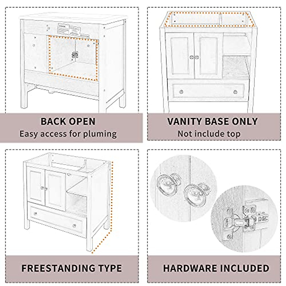 QuixotYDDZ 30 Inches Bathroom Vanity Base Only, Bathroom Vanity Base Cabinet with Cabinet and Drawer, Single-Bathroom Vanity Cabinet with Soft Closing Doors, No Inclde Ceramic Sink, Brown
