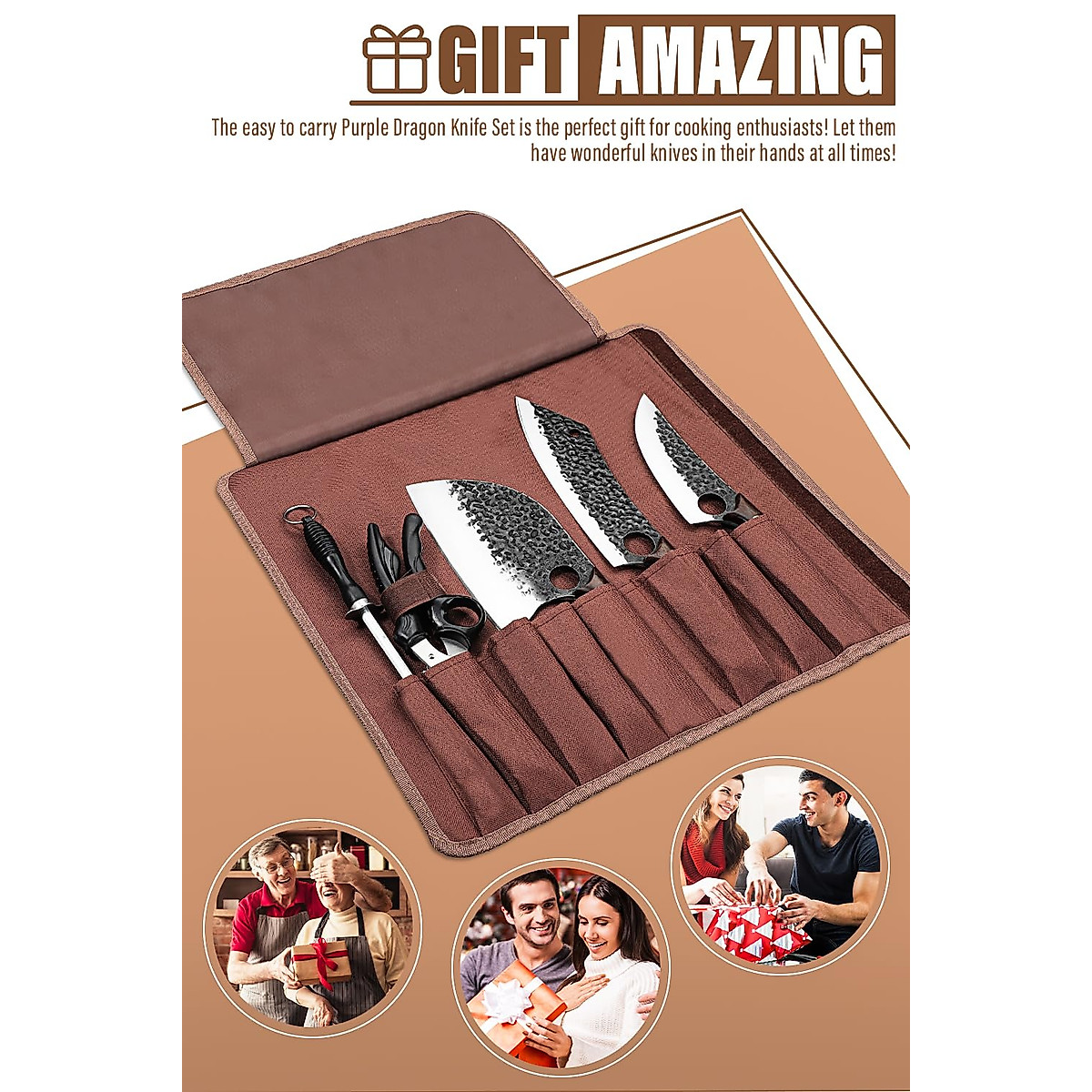 Purple Dragon 9 pcs Chef Knife Set, High Carbon Steel Hand Forged Meat Boning Carving Cleaver Butcher Knife with Accessories for Kitchen, BBQ Camping Knives Set with Roll Bag