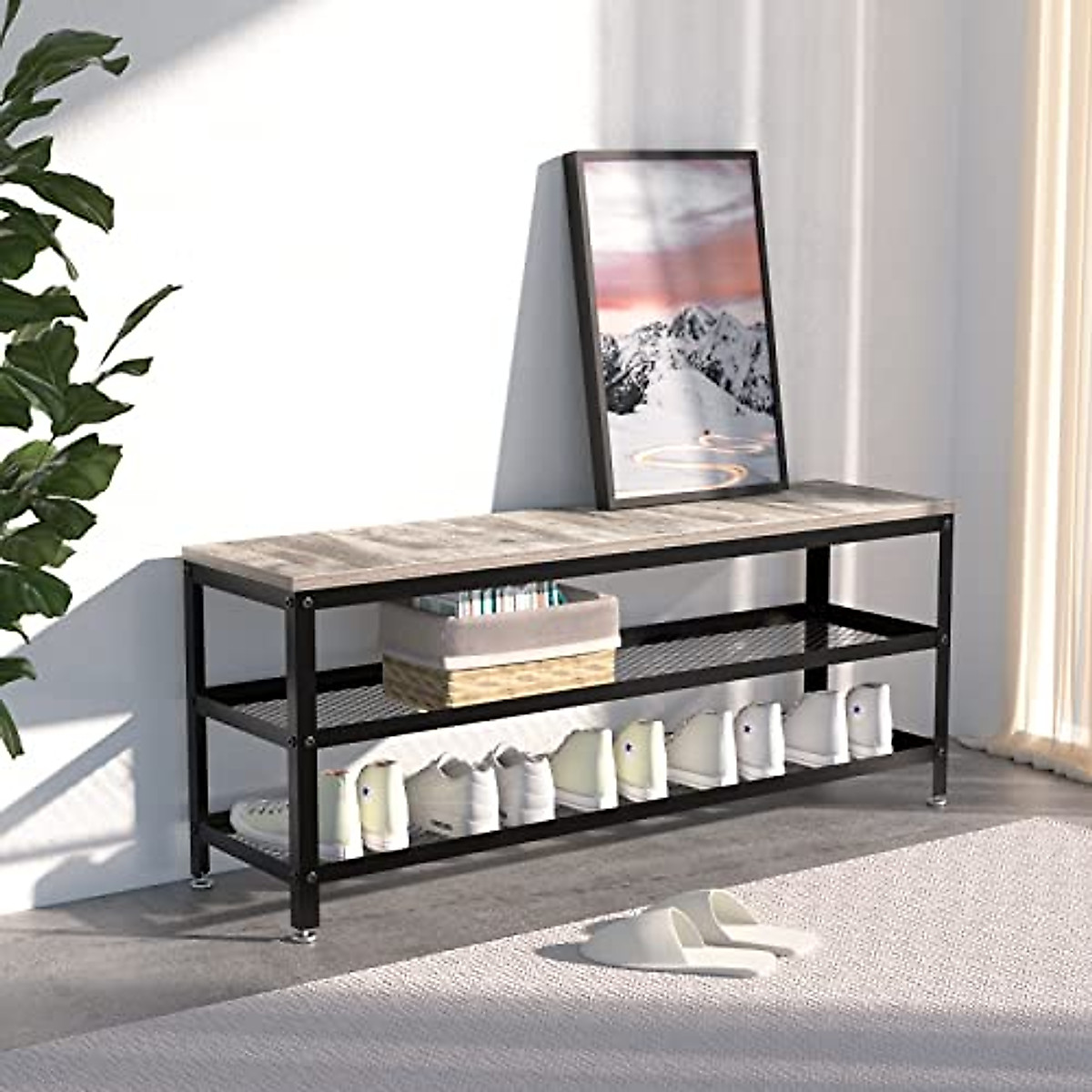 Vida Vistoso 3-Tier Shoe Rack Bench Wood Hallway Shoe Rack for Entryway with 2 Mesh Shelves Elegant Shoe Storage Organizer for Home Living Room Doorway Bedroom Charter Oak