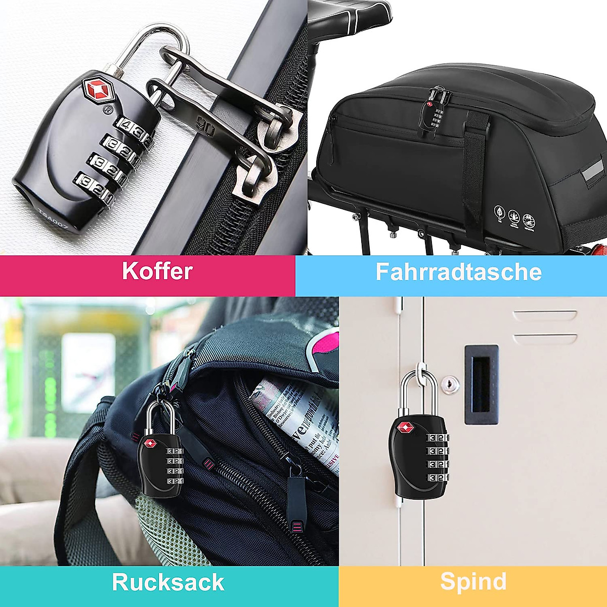 ZHEGE Luggage Locks TSA Approved, 4 Digit Small Combination Padlocks for Travel, Zipper Lock for Suitcase, Backpack, Tent, Gym Lockers, etc. (Black, 2 Pack)