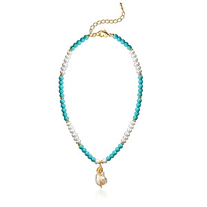 Cowlyn Baroque Pearl Pendant Necklace Turquoise Chain 18K Gold Plated Wire Winding Handmade Bohemian Style Adjustable Charm Fashion Valentine Jewelry for Women Mom