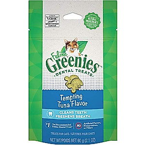 Greenies (4 Pack) Feline Dental Cat Treat Variety Bundle 4 Flavors - 2.1oz Each Bag, (1) Tempting Tuna, (1) Savory Salmon, (1) Oven Roasted Chicken, and (1) Catnip Flavor 10ct Pet Wipes