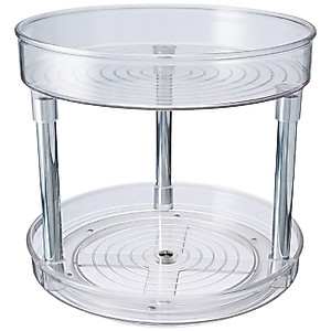 mDesign 2 Tier Lazy Susan Turntable Food Storage Container for Cabinets, Pantry, Fridge, Countertops - Raised Edge, Spinning Organizer for Spices, Condiments - 9" Round - Clear/Chrome