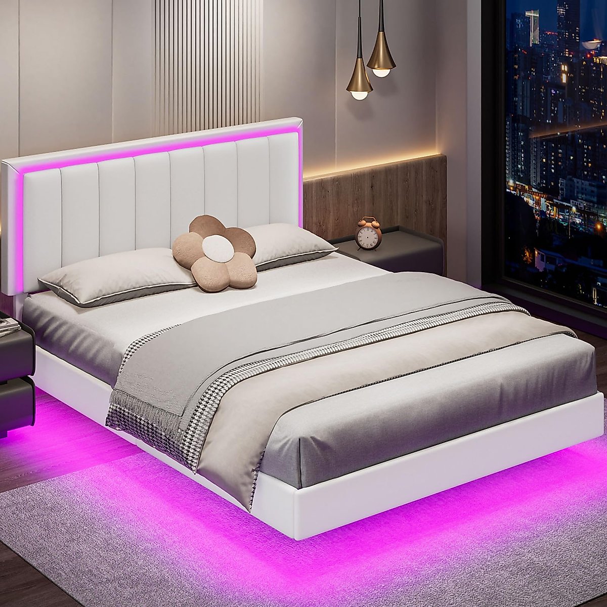 IMMERSTABLE Floating Bed Frame Queen with RGB LED Lights, Upholstered Bed Frame Queen with Headboard, Solid Wood Slats Support, Queen Bed Frame No Box Spring Needed, Noise-Free, Easy Assembly, White