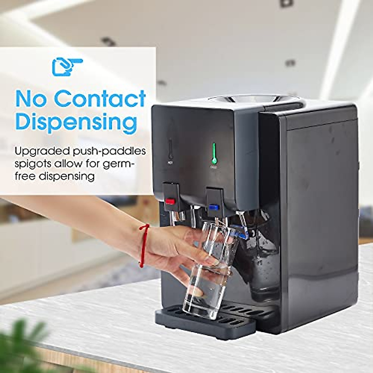 ACCVI Premium Countertop Water Cooler Dispenser, Holds 3 or 5 Gallon Jug, Top Loading, Hot and Cold Water, Child Safety Lock, Compact Design Ideal For Homes, Kitchens, Offices, Dorms, Black