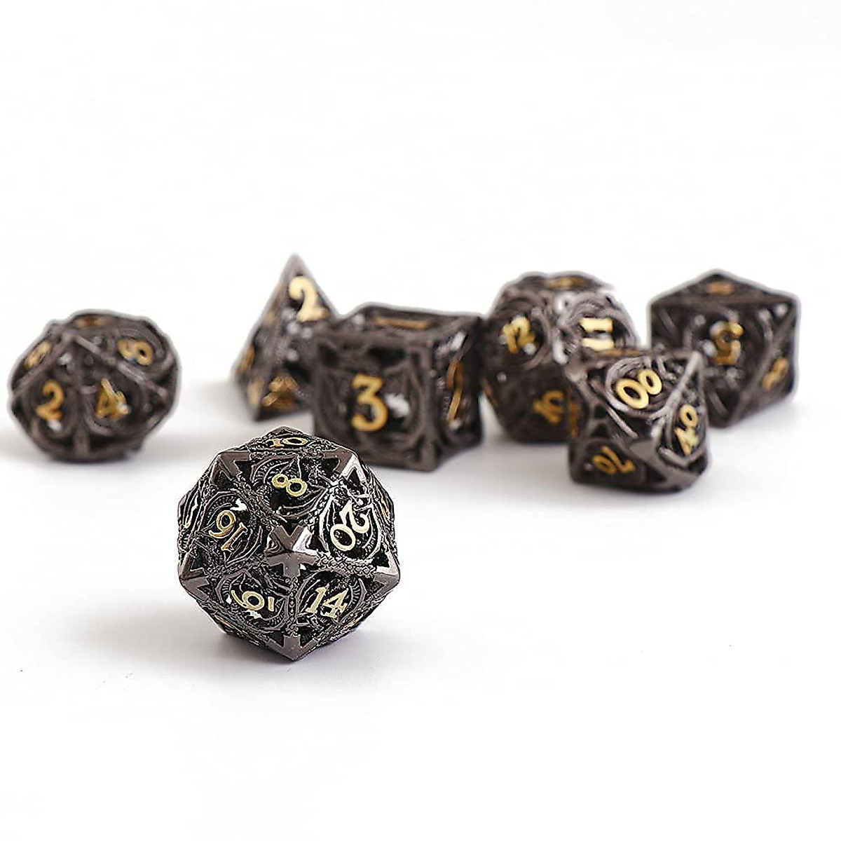 Hollow Metal D&D Dice Set with Gift Box, DND Role Playing Game D20 D12 D10 D8 D6 D4 Polyhedral Dice Set for Dungeons and Dragons Pathfinder Shadowrun Math Teaching RPG, Black Gold