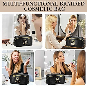 YOOLIFE Initial Travel Makeup Bag - Make Up Bag PU Leather Cosmetic Bag Travel Toiletry Bag for Women Cute Makeup Bag Black Make Up Bags for Women Large Makeup Bag Unique Birthday Gifts Black N