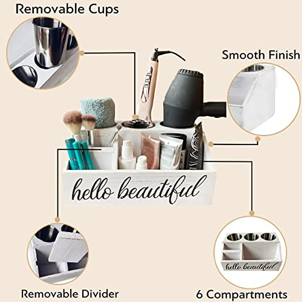 Rustic Wood Farmhouse Bathroom Hair Tool Organizer - Makeup Organizer - Vanity Tray - Vanity Organizer for Bathroom Counter - Hair Dryer Holder - Blow Dryer Holder - Bathroom Counter Tray 12" x7”