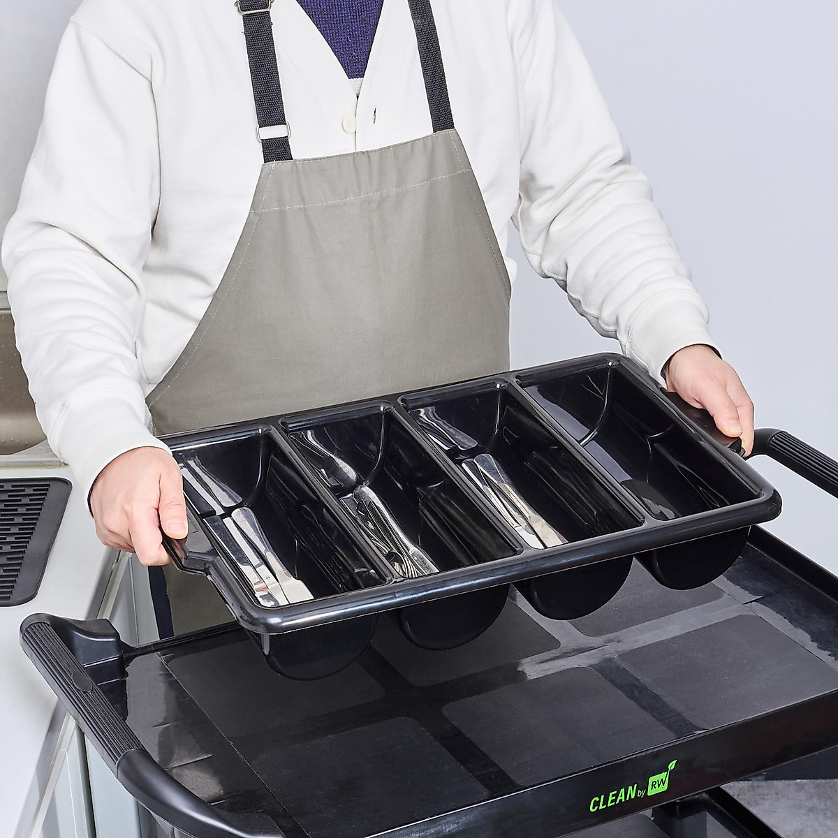 RW Clean 21.9 x 14.2 x 3.5 Inch Silverware Organizer, 1 Crack-Resistant Cutlery Tray - 4 Compartments, Built-In Handles, Black Plastic Utensils Drawer Holder, Wrap-Resistant, For Kitchen Organization