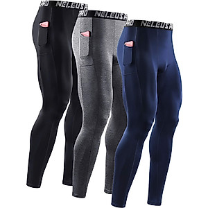 NELEUS Men's 3 Pack Dry Fit Compression Pants Running Tights with Pocket,6069,Black/Grey/Navy,US L,EU XL
