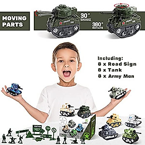 Pull Back Military Vehicles Tank Toys for Boys, 8 Pull Back Toy Army Tanks with Army Men Military Road Sign, Small Diecast Tanks Military Toy Army Car Truck Toys Gift for Kids Age 3 4 5 Years Old