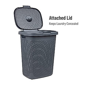 Mind Reader Basket Collection, Slim Laundry Hamper, 50 Liter (15kg/33lbs) Capacity, Cut Out Handles, Attached Hinged Lid, Ventilated, 17.65"L x 13.75"W x 21"H, Gray