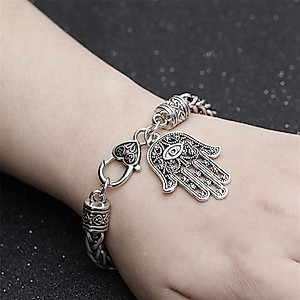 AILUOR Hamsa Hand of Fatima Silver Bracelet - Evil Eye Protection Silver Tone Alloy Charm Jewelry Lucky Success Pendant Friendship Handmade Bracelet Men Women (Silver)