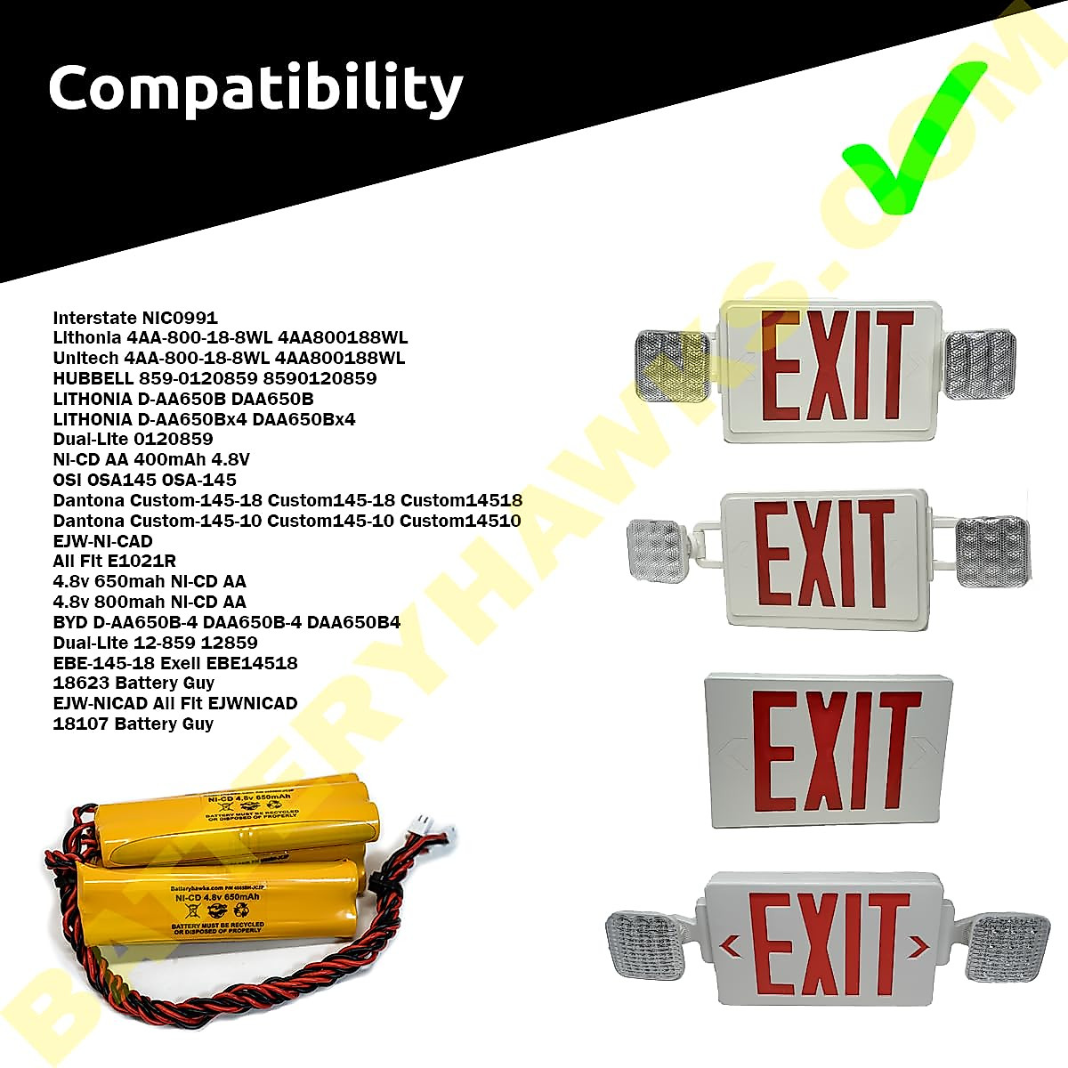 E1021R All Fit EJW-NI-CAD D-AA650Bx4 BYD D-AA650B 4.8v 650mah Ni-CD AA Battery Pack Exit Sign Emergency Light Fire Exit