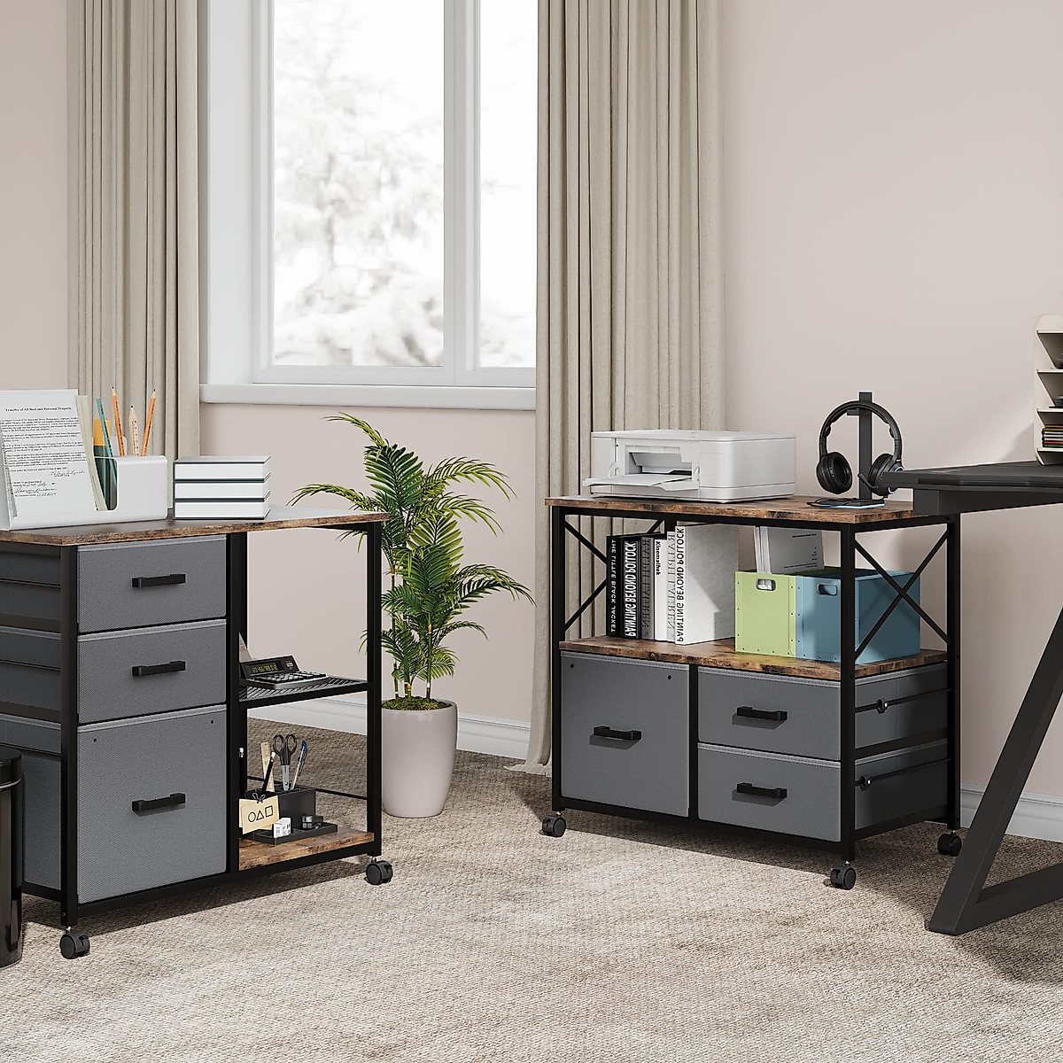 IDEALHOUSE Lateral File Cabinet with 3 Drawer, Mobile Filing Cabinet Rolling Printer Stand Fits A4 or Letter Size, Lateral Filing Cabinet with Wheels, Under Desk Storage Cabinet for Home Office, Grey