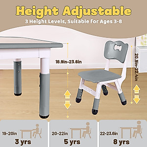 FUNLIO Kids Table and 2 Chairs Set, Height Adjustable Toddler Table and Chair Set for Ages 3-8, Easy to Wipe Arts & Crafts Table, for Classrooms/Daycares/Homes, CPC & CE Approved (3pcs Set) - Gray
