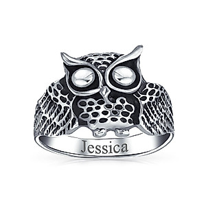 Personalized Protection Medium Old Wise Bird Night Owl Band Ring For Women Teen Oxidized .925 Sterling Silver Customizable