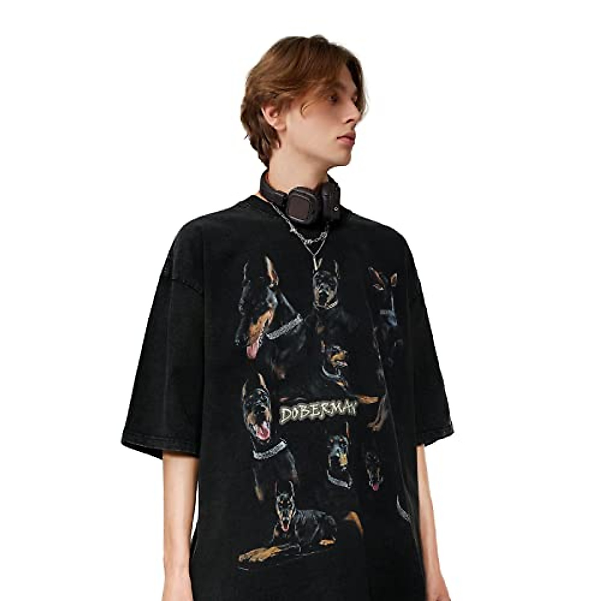 Aelfric Eden Men’s Washed Doberman Graphic Tee T-Shirts Oversized Letter Graphic Print Elements Short Sleeve Crewneck Tee
