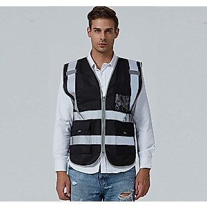 Black Safety Vest Reflective With Pocket And Zipper Construction Vest With Reflective Stripes Hi Vis Workwear(Black, M)