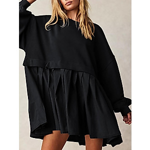 Dokuritu Sweatshirt Dress Women Crew Neck Long Sleeve Patchwork Pullover Tops Flowy Oversized Sweatshirt Mini Dress Black