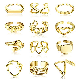 FINREZIO 12PCS Gold Dome Chunky Rings for Women 18K Gold Plated Braided Twisted Signet Ring Croissant Thick Dome Rings Band Statement Jewelry Adjustable