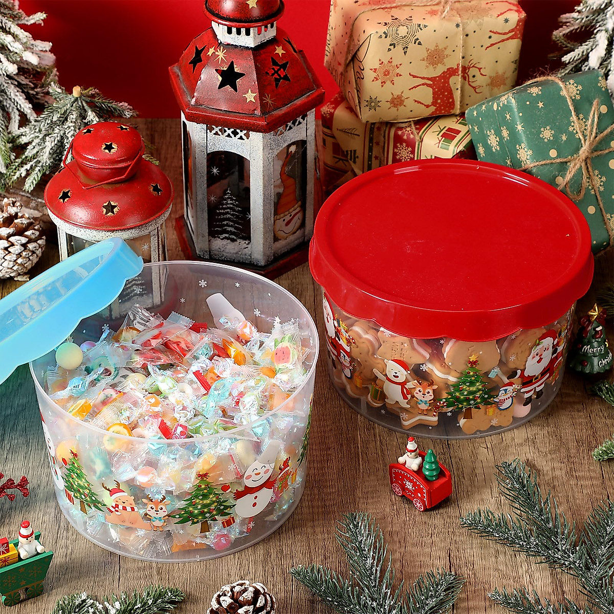 Sliner 6 Pcs Christmas Cookie Containers Holiday Plastic Cookie Storage Buckets with Lids Santa Claus Snowman Cookie Containers Red and Blue Reusable box for Holiday Candy Snacks