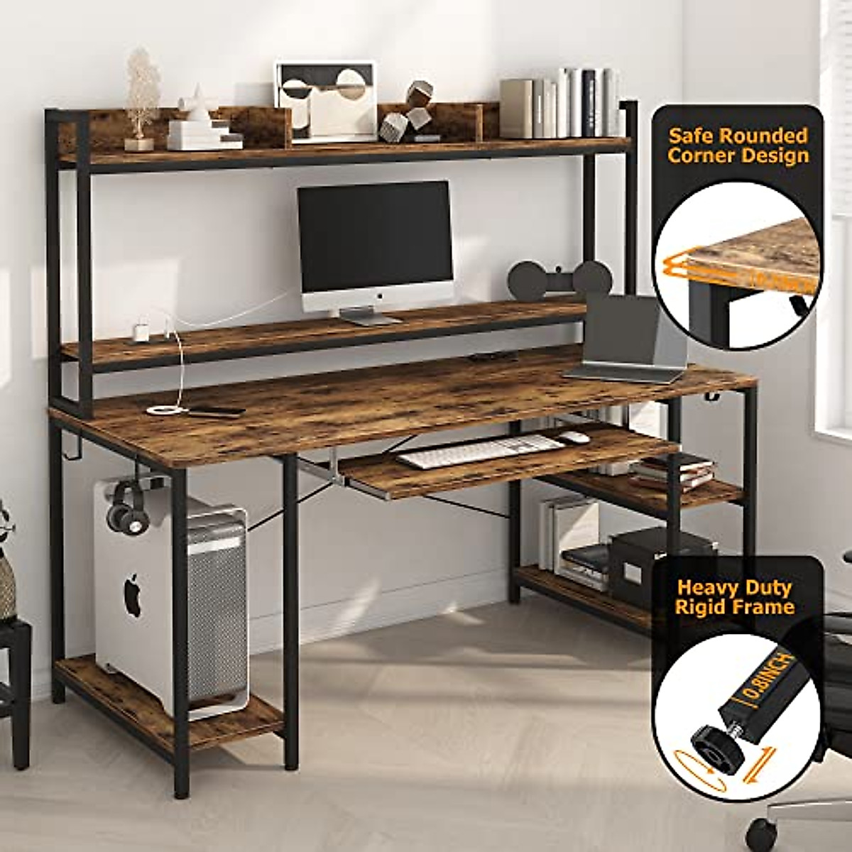 55" Computer Desk with Power Outlet & USB Ports, Reversible Desk with Hutch Shelves Keyboard Tray Monitor Shelf, Home Office Desk Gaming Desk, Study Writing Workstation, Easy Assembly, Rustic Brown