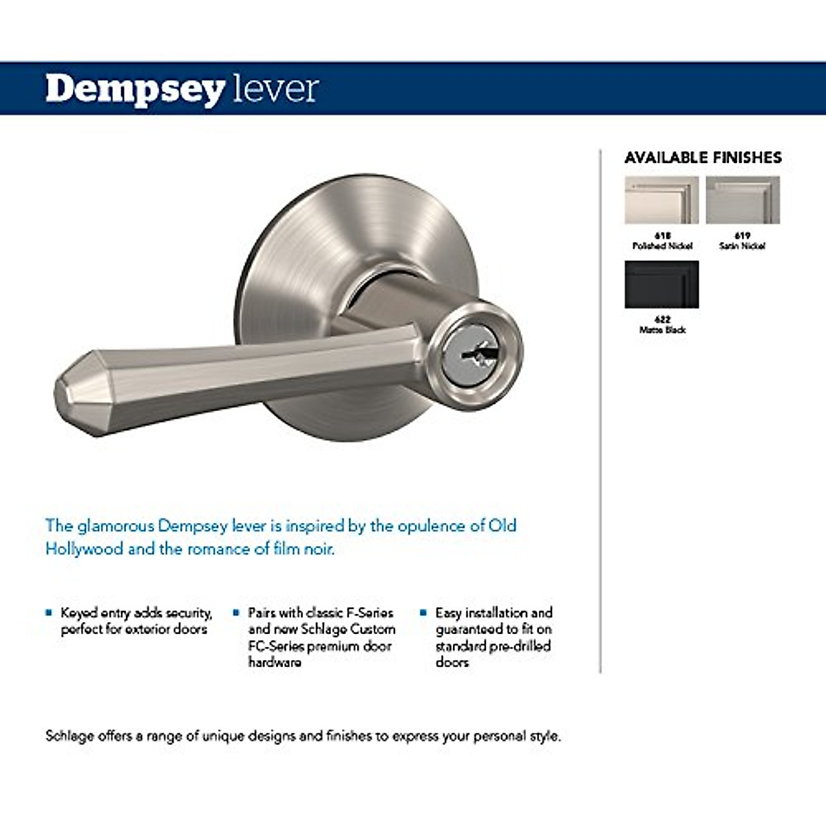 SCHLAGE F51A DMP 619 RWD Dempsey Lever with Rosewood Trim Keyed Entry Lock, Satin Nickel