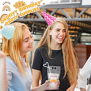 Willinglong 24 Pack 15 oz Groovy Rainbow Drink Pouches with Straw Bachelorette Party Supplies Groovy Bridal Shower Party Decorations for 70s Groovy Party Favor