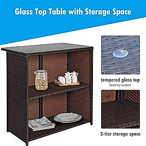 HAPPYGRILL 3-Pieces Patio Bar Set Rattan Wicker Bar Stools & Table with Cushions and Glass Table Top for Pool Garden Dining Set with Storage Shelves