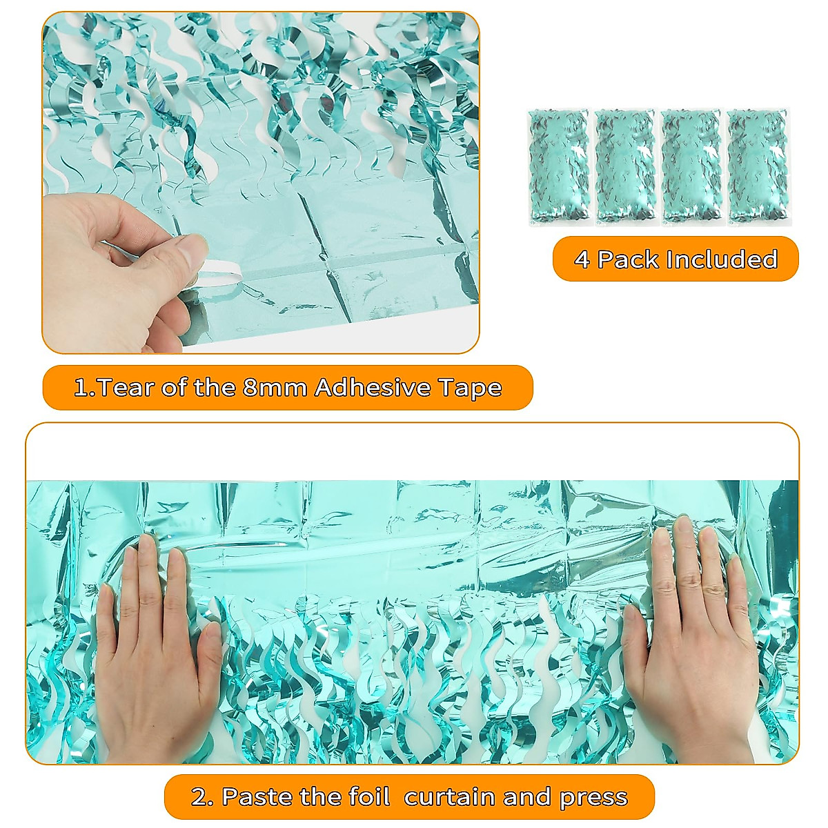 4 Pack 3.3 ft x 6.6 ft Wavy Aqua Teal Blue Tinsel Foil Fringe Curtains Backdrop - Wave Metallic Foil Curtains for Wedding Girl Princess Bachelorette Euphoria Theme Party Decoration