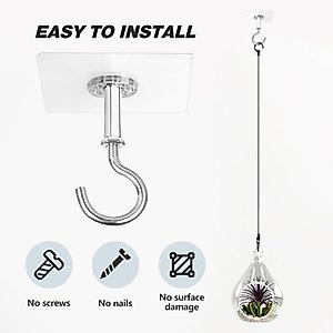 Muccibi Ceiling Hooks Adhesive, 2 Pack Ceiling Hooks Heavy Duty for Hanging Plants,Adhesive Ceiling Hooks, Holds Up to 30lbs, No Drill Ceiling Hooks for Lights, Lanterns,Wind Chimes