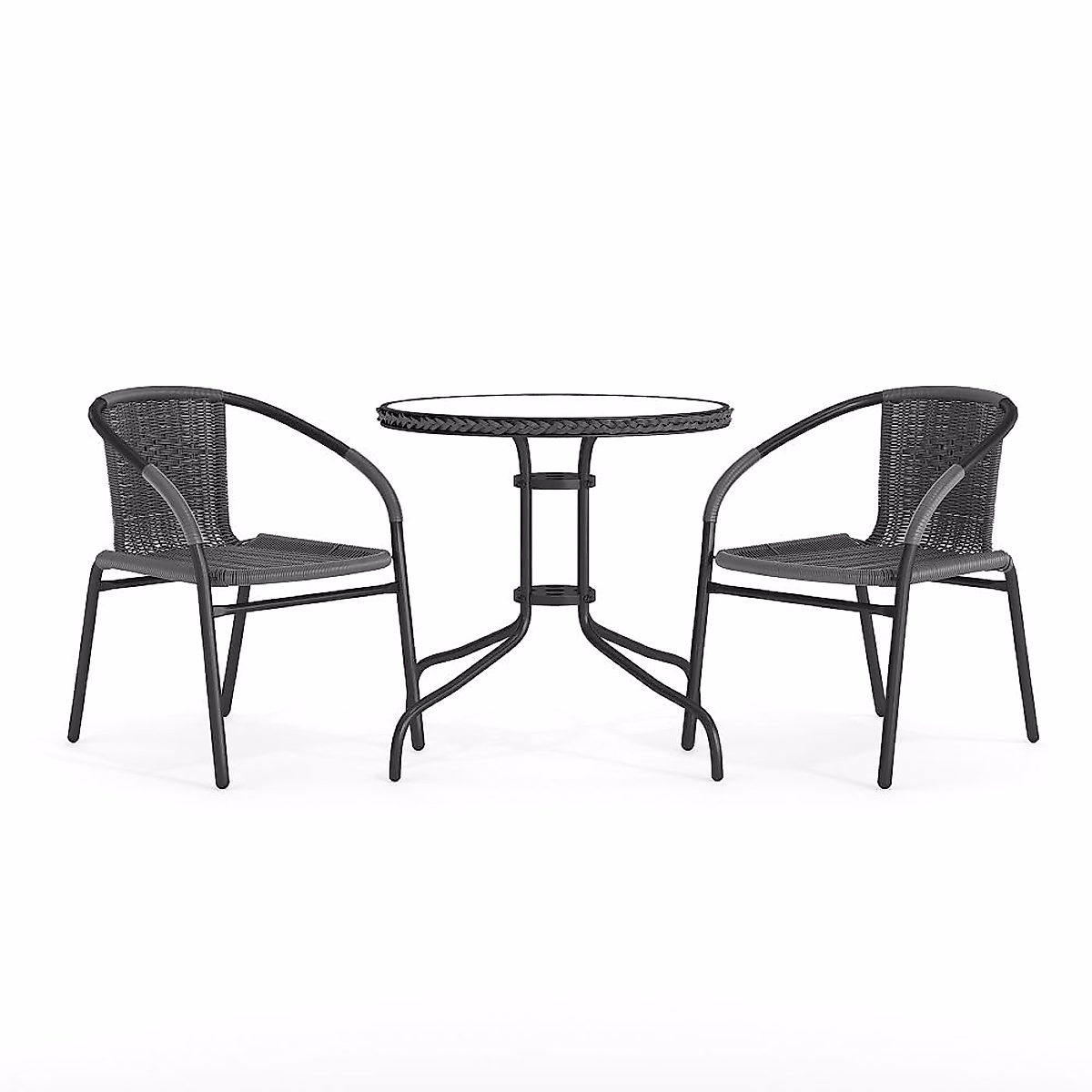 Flash Furniture 3-Piece Patio Dining Set with Round Glass Metal Table and 2 Stackable Rattan Chairs, Indoor/Outdoor Bistro Table and Chairs Set, Gray