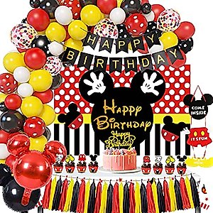 HIPEEWO Mickey Themed Mouse Party Supplies - Mickey Decorations Include Backdrop, Welcome Hanger, Banner, Topper, Tassel, Tablecloth, Balloons Garland Arch, for Mickey Birthday Party Decorations