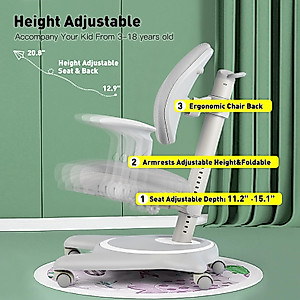 COSVALVE Adjustable Comfy Study Chair for Ages 5-15 Years Old, Reading Chair for Bedroom with Height and Depth Adjustable, Foldable Armrest, Auto Sit-Locking Wheels, for Girls Boys (Grey)