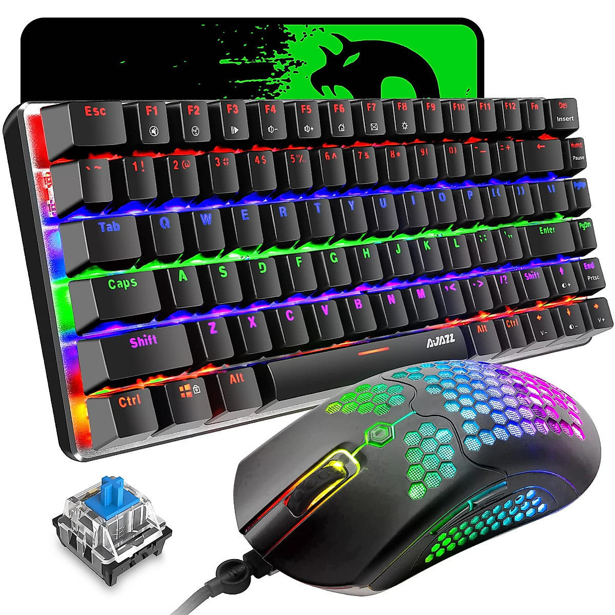 Wired Gaming Keyboard and Mouse,3 in 1 Gaming Set,Blue LED Backlit Wired Gaming Keyboard,RGB Backlit 12000 DPI Lightweight Gaming Mouse with Honeycomb Shell,Large Mouse Pad for PC Game(Blue)